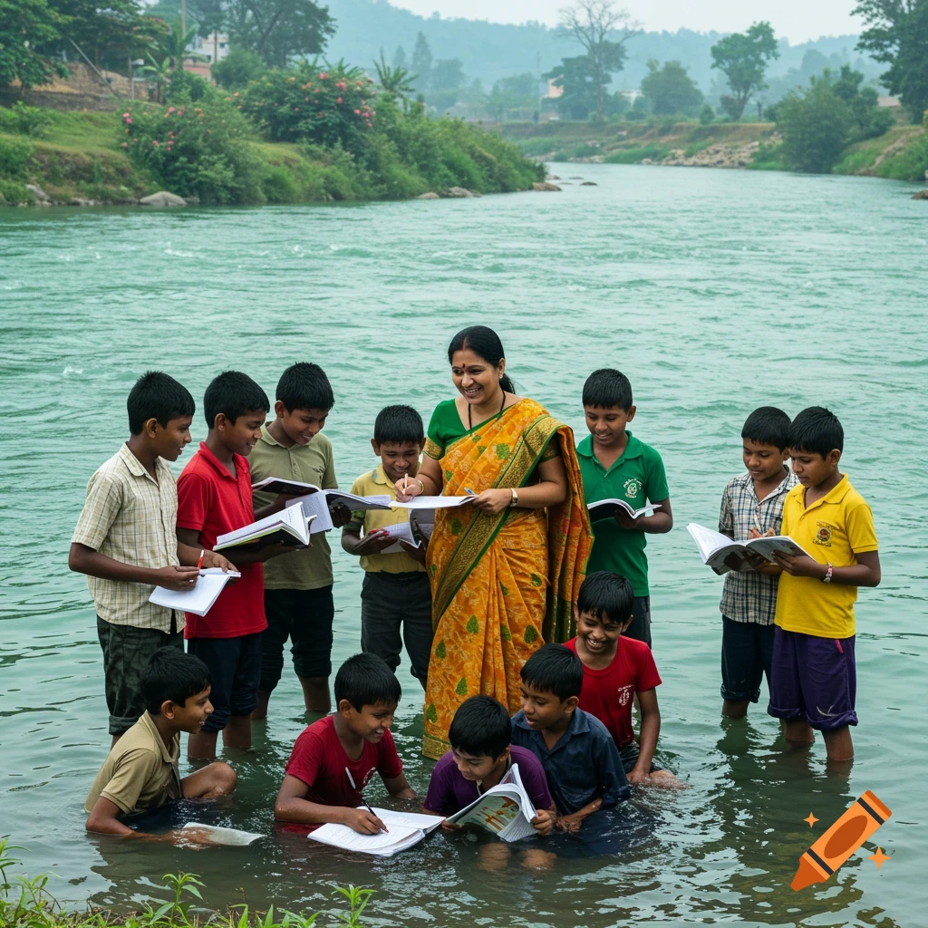 An Indian teacher in a yellow sari teaches a group of boys in a river ...