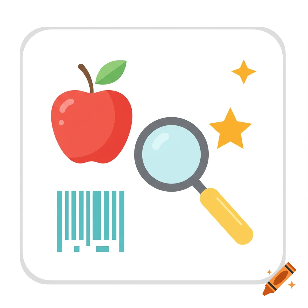 Flat icon with a red apple, teal barcode, yellow magnifying glass, and ...
