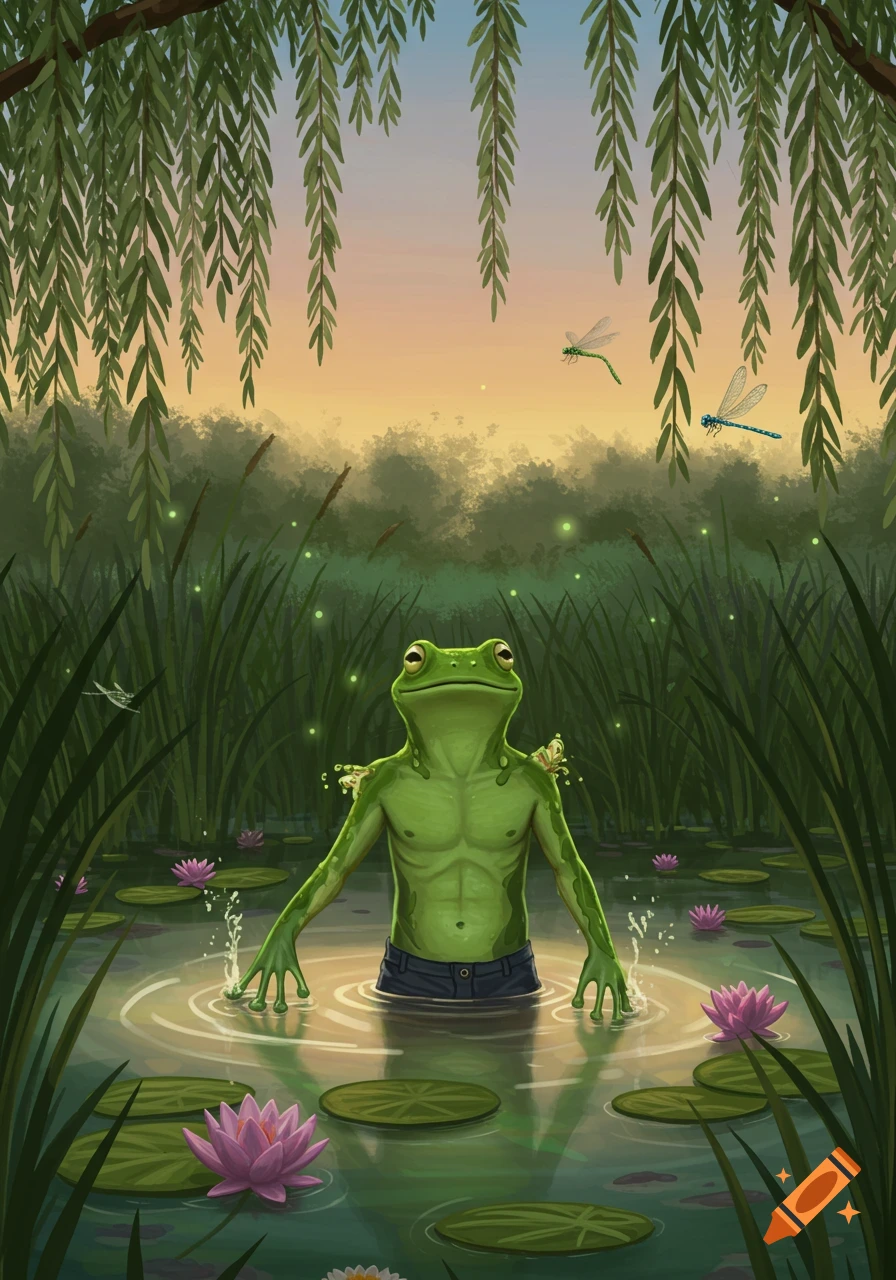 A cartoon frog joyfully leaps out of a pond with a badminton racket and ...