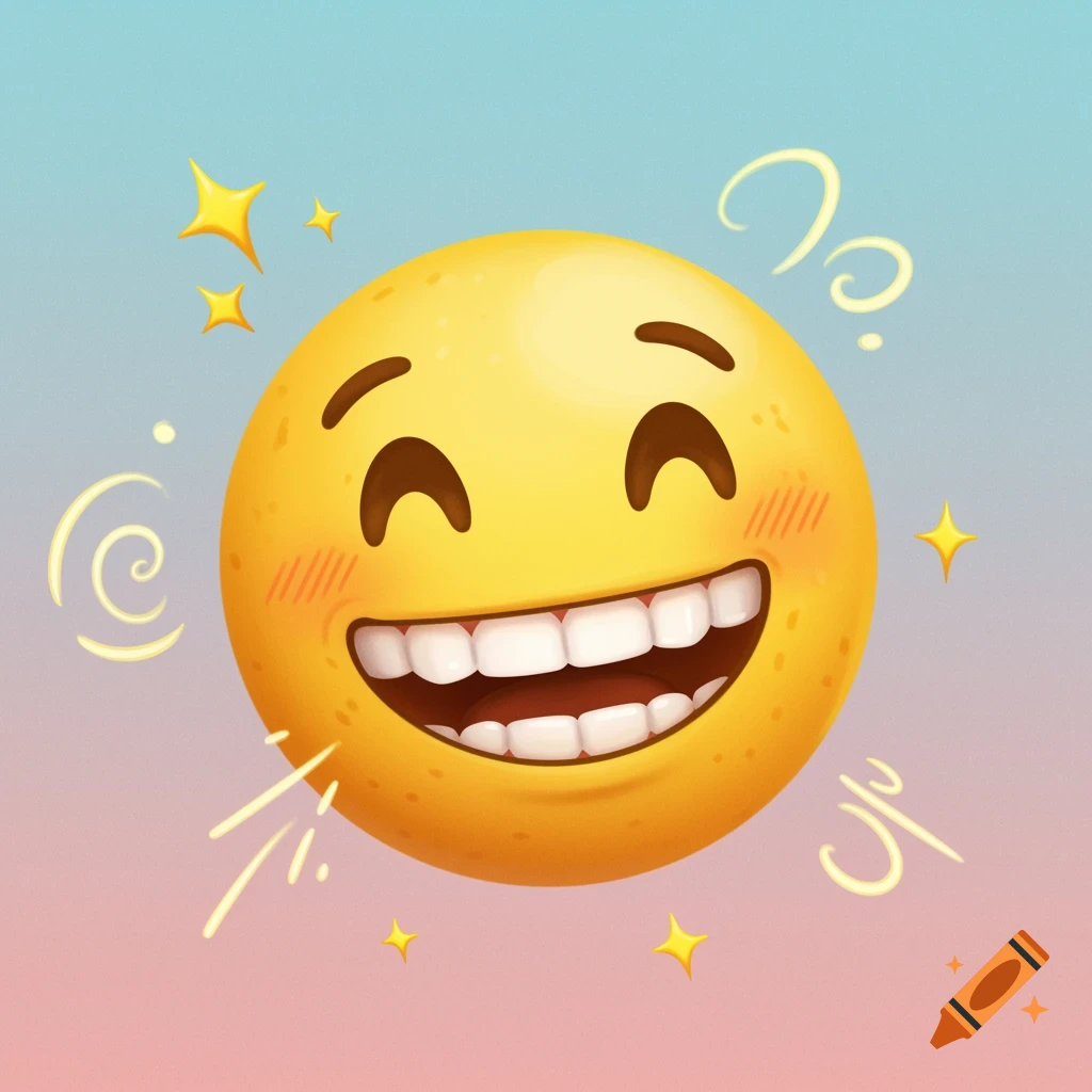 A happy yellow emoji face with sparkling eyes, rosy cheeks, a wide ...