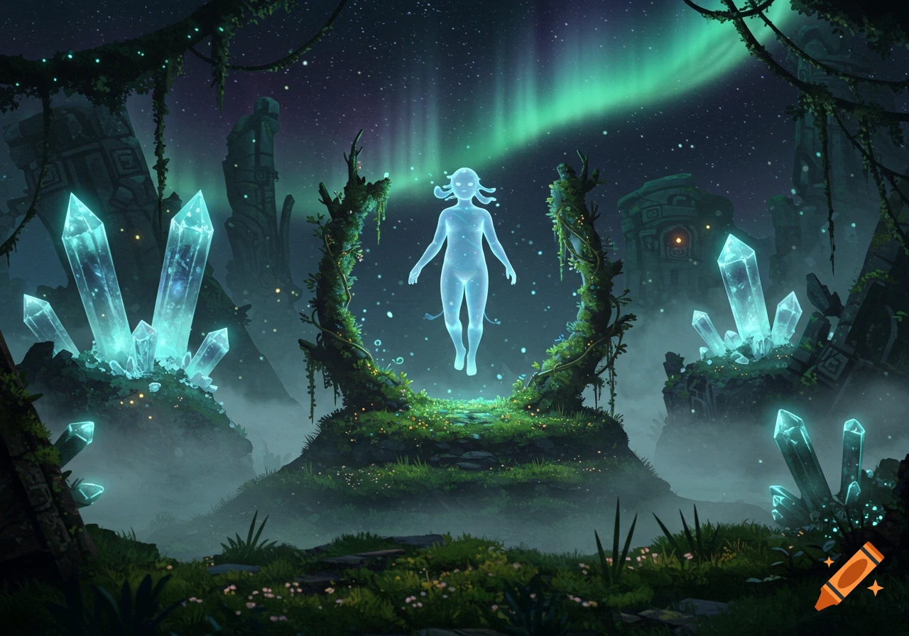 A vibrant illustration of a red-haired insect humanoid with translucent ...