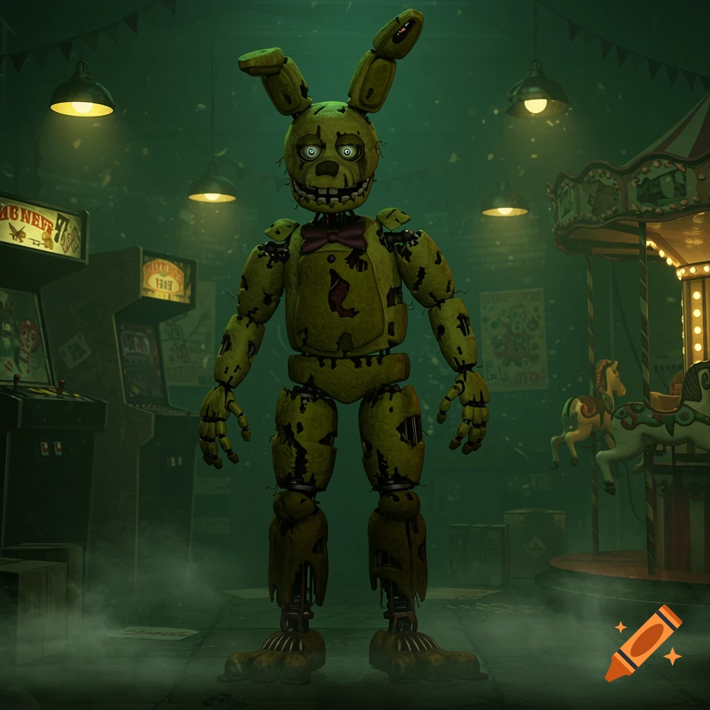A menacing, moss-green animatronic rabbit with glowing white eyes ...