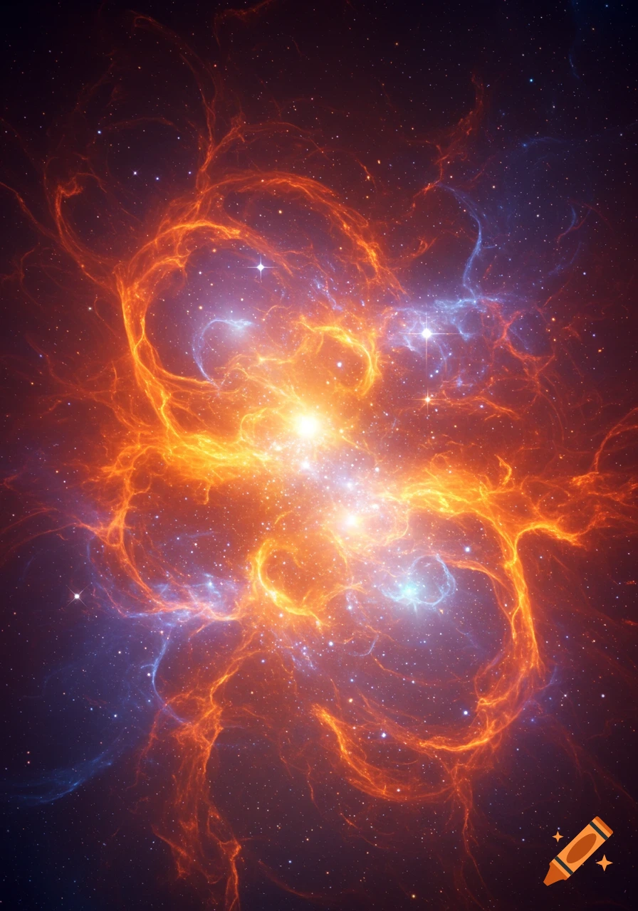 Vibrant cosmic explosion with a central orange and blue eye-like nebula ...