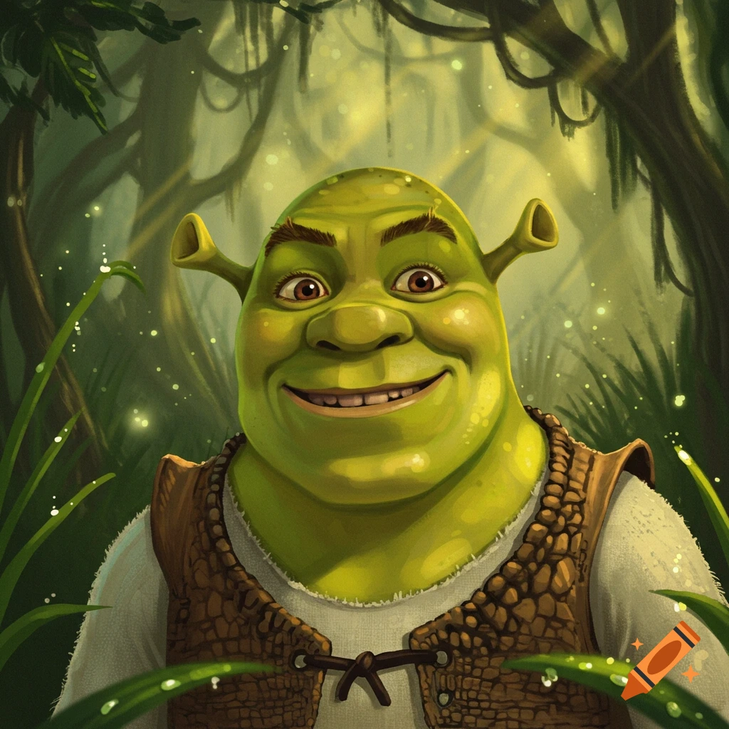 Shrek, the green ogre, smiles while holding a small butter dish in a ...