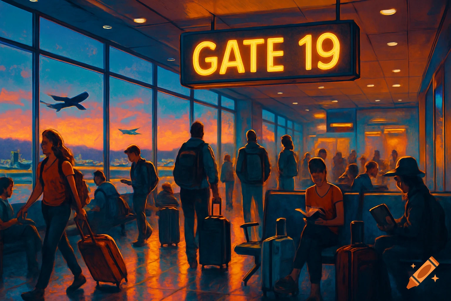 A vibrant, painterly airport scene at sunset with passengers, luggage ...