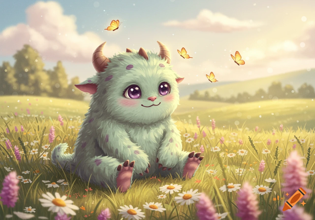 A fluffy, friendly, light brown cartoon monster with horns and big ...