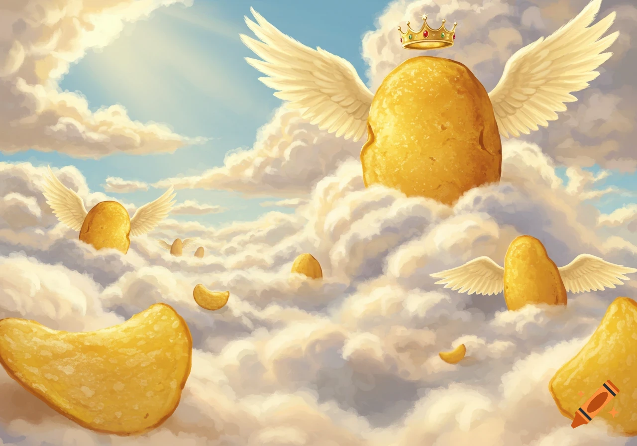Cartoon potato chips with angel wings fly through a bright, cloudy sky ...