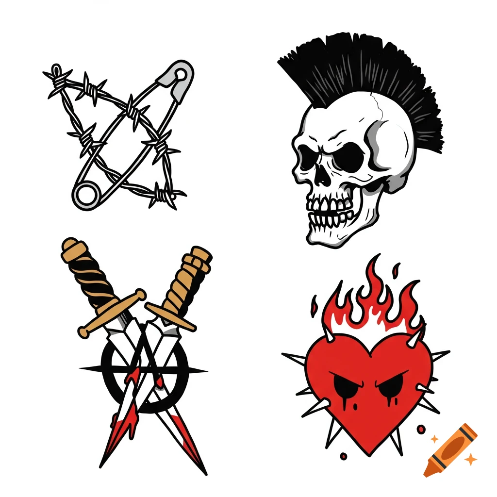 Four punk tattoo flash designs: a barbed wire safety pin, a skull with ...