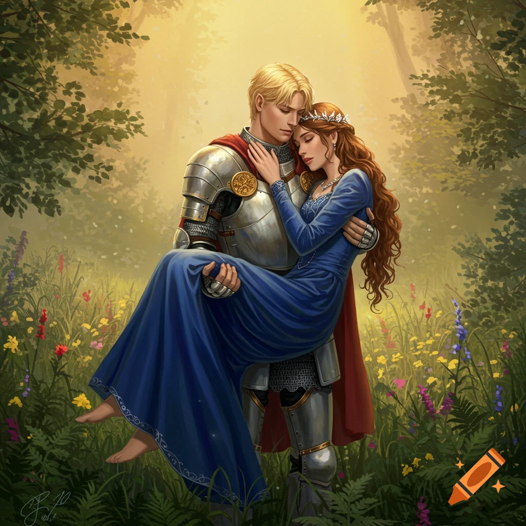 Blond knight in armor carries a brunette princess in a blue dress ...