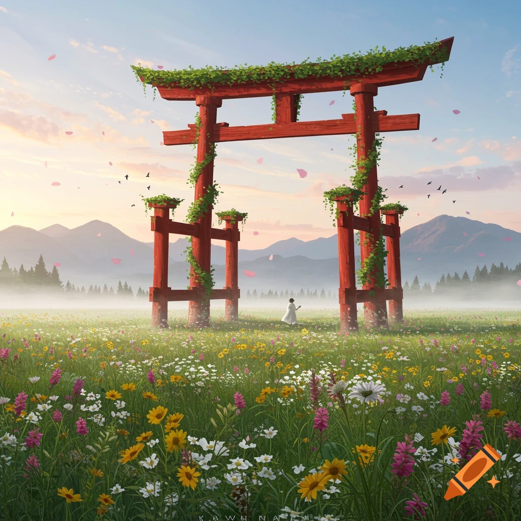 A massive red Torii gate adorned with vines stands in a colorful ...