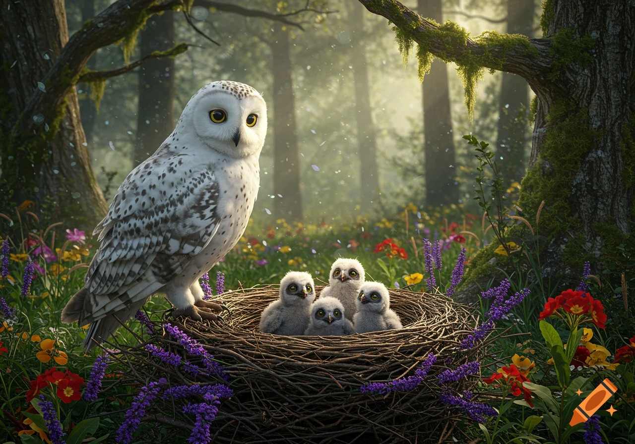 A white barn owl with orange eyes sits on an old stone wall adorned ...