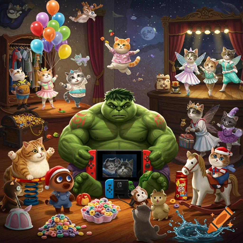 A whimsical scene with a green Hulk-like character playing a Nintendo ...
