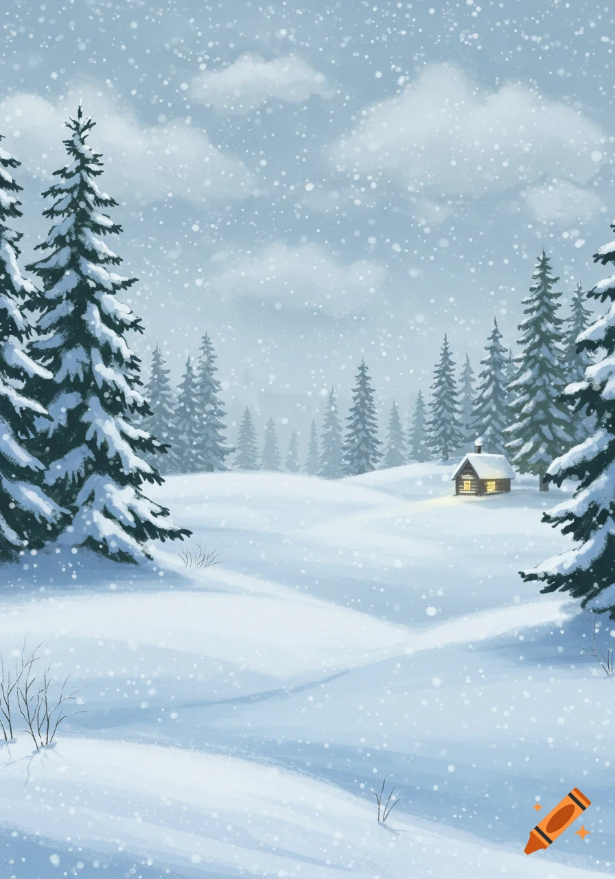 Stylized winter landscape with snow-covered hills, a frozen lake ...