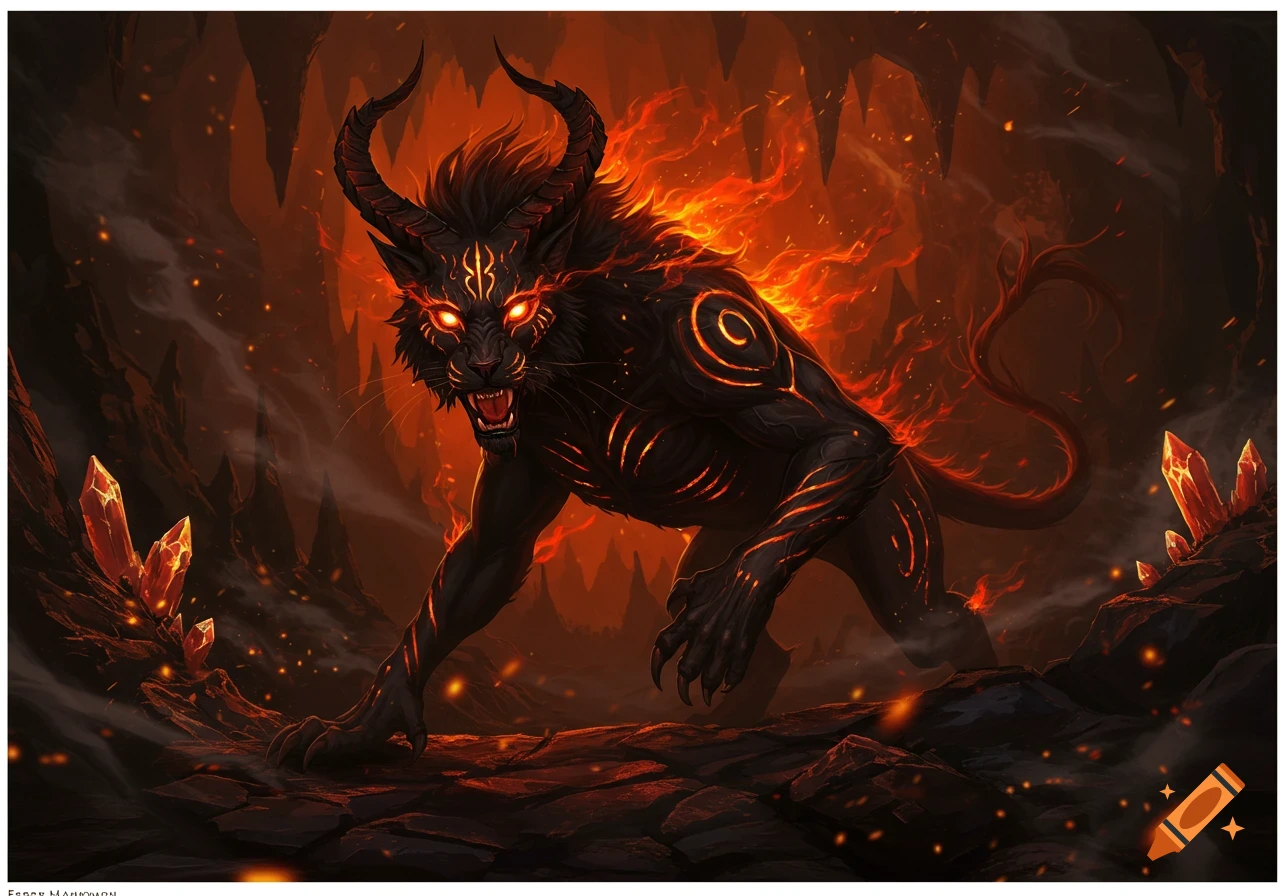 A demonic black cat-like creature with horns, glowing eyes, and fiery fur prowls in a lava cave ...