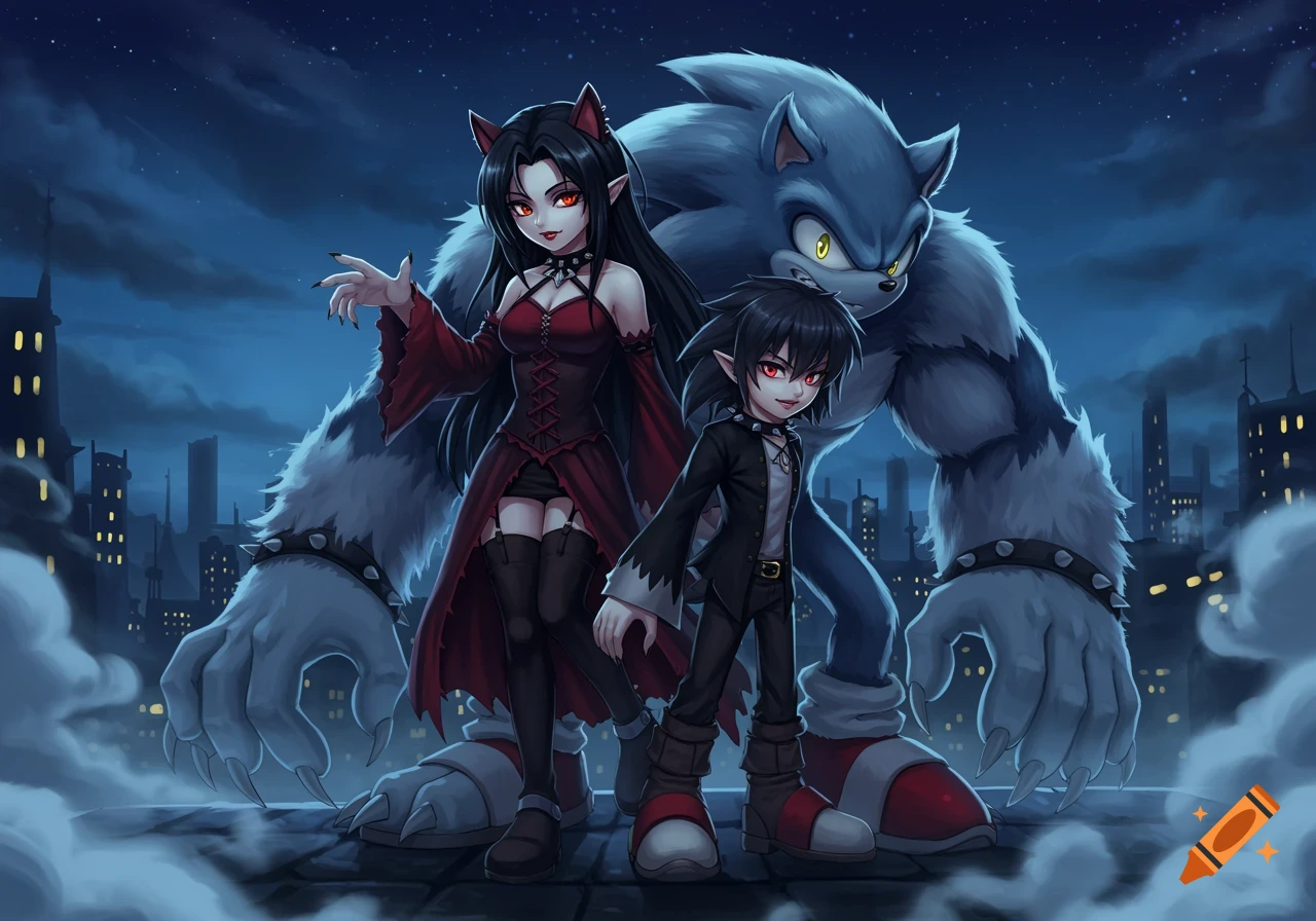 Anime style illustration of Sonic the Werehog, a vampire girl, and a ...