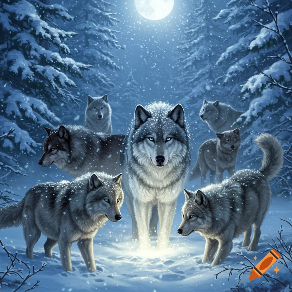 A pack of wolves stands in a snowy forest under a full moon, with snow ...