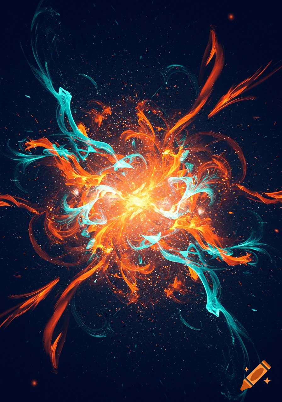 An abstract vibrant explosion of orange and teal light with sparkling ...
