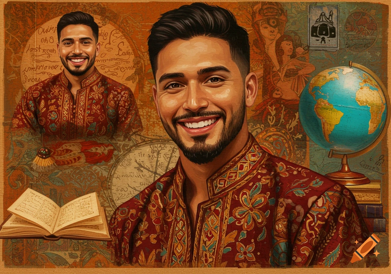 A stylized portrait of a smiling man in a red and gold patterned tunic ...