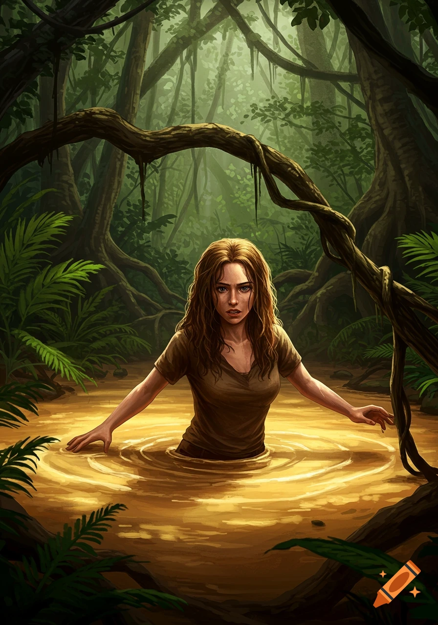 An illustrated woman explorer in a dense jungle, standing in muddy ...