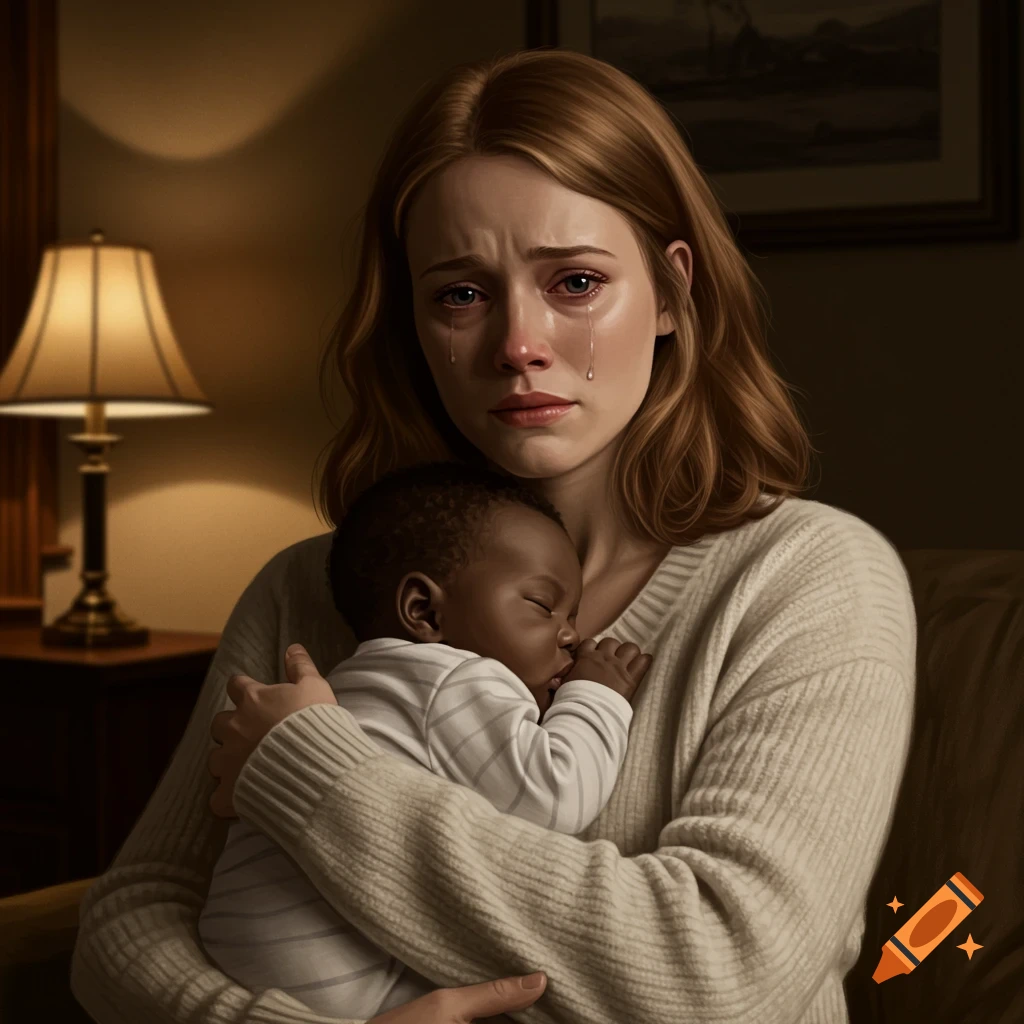 A woman with reddish-brown hair cries while holding a sleeping baby in ...