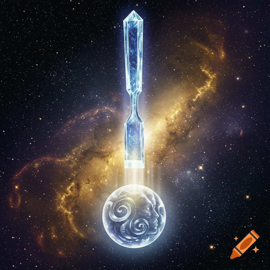 A luminous crystal chisel floats above a celestial sphere with a carved ...