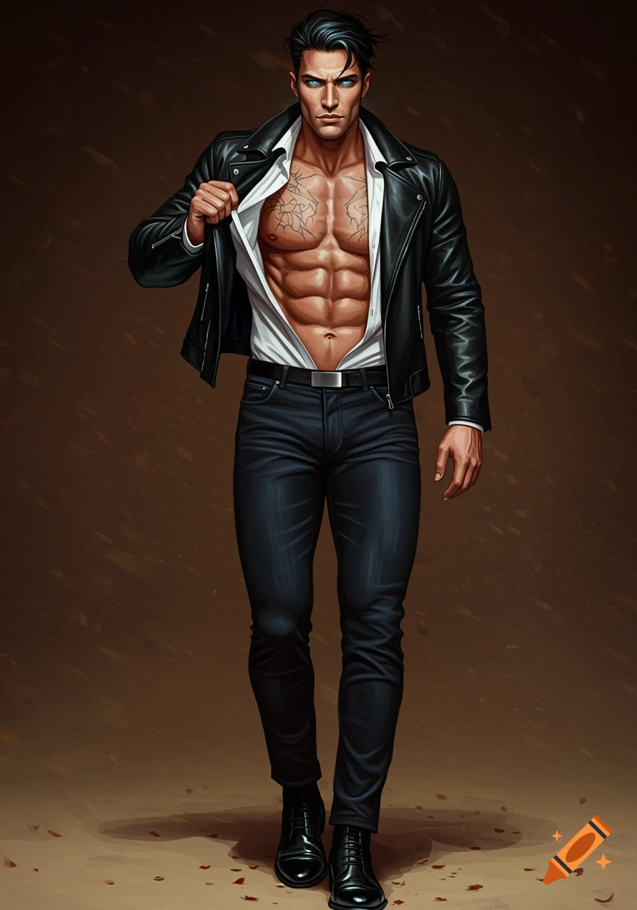 Digital illustration of a muscular man in a leather jacket pulling open his shirt to reveal abs ...