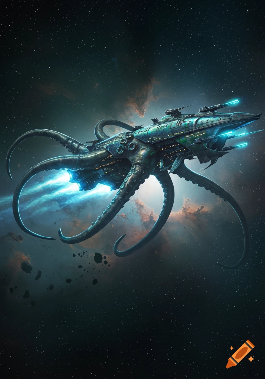 A detailed dark grey spaceship with blue thruster trails flying through ...