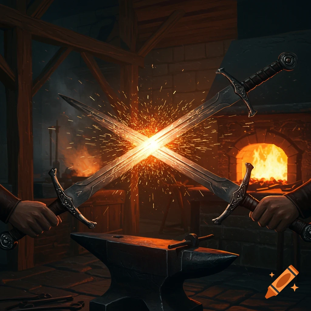 Two swords clash, creating bright sparks, above an anvil in a dimly lit ...