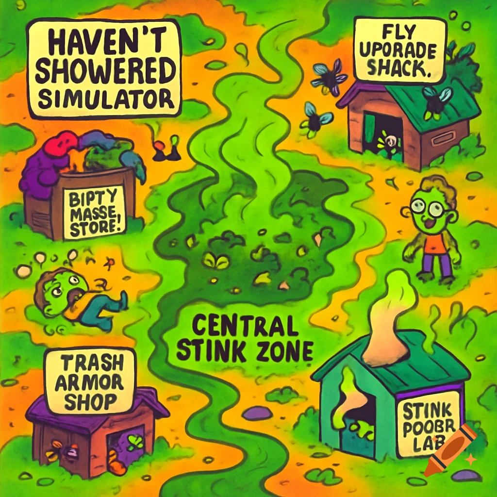 A colorful, goofy, top-down cartoon map of a 'Haven't Showered ...