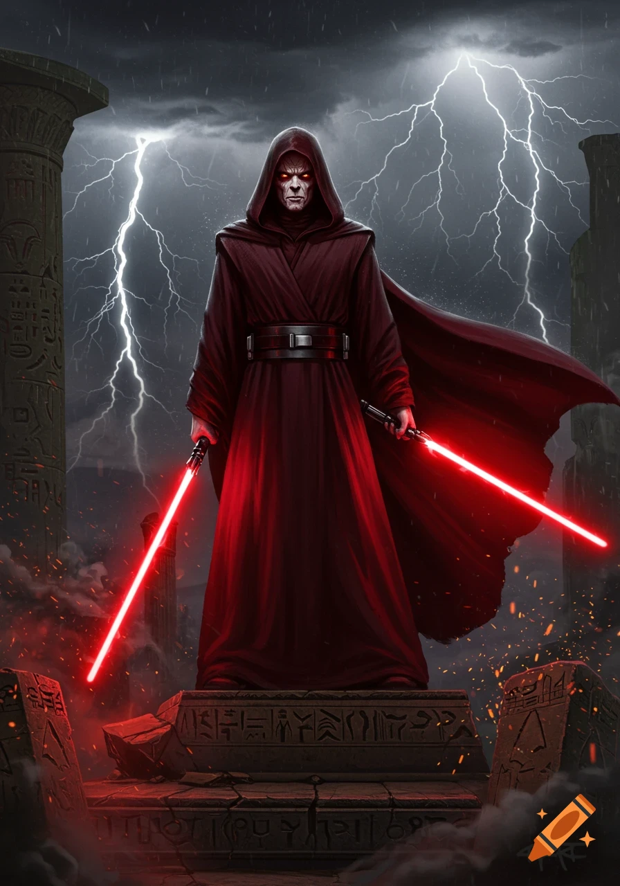 A masked warrior in dark armor and a red cape stands with two red ...