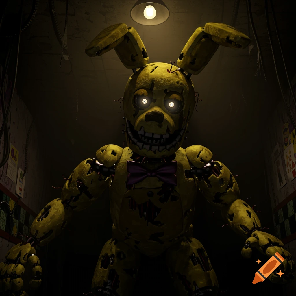 A creepy, damaged yellow animatronic rabbit with glowing eyes and a ...