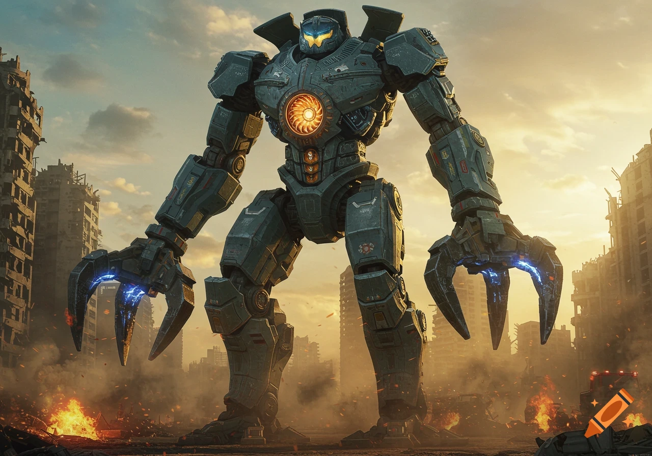 A massive, detailed red robot with glowing blue eyes stands in a ...