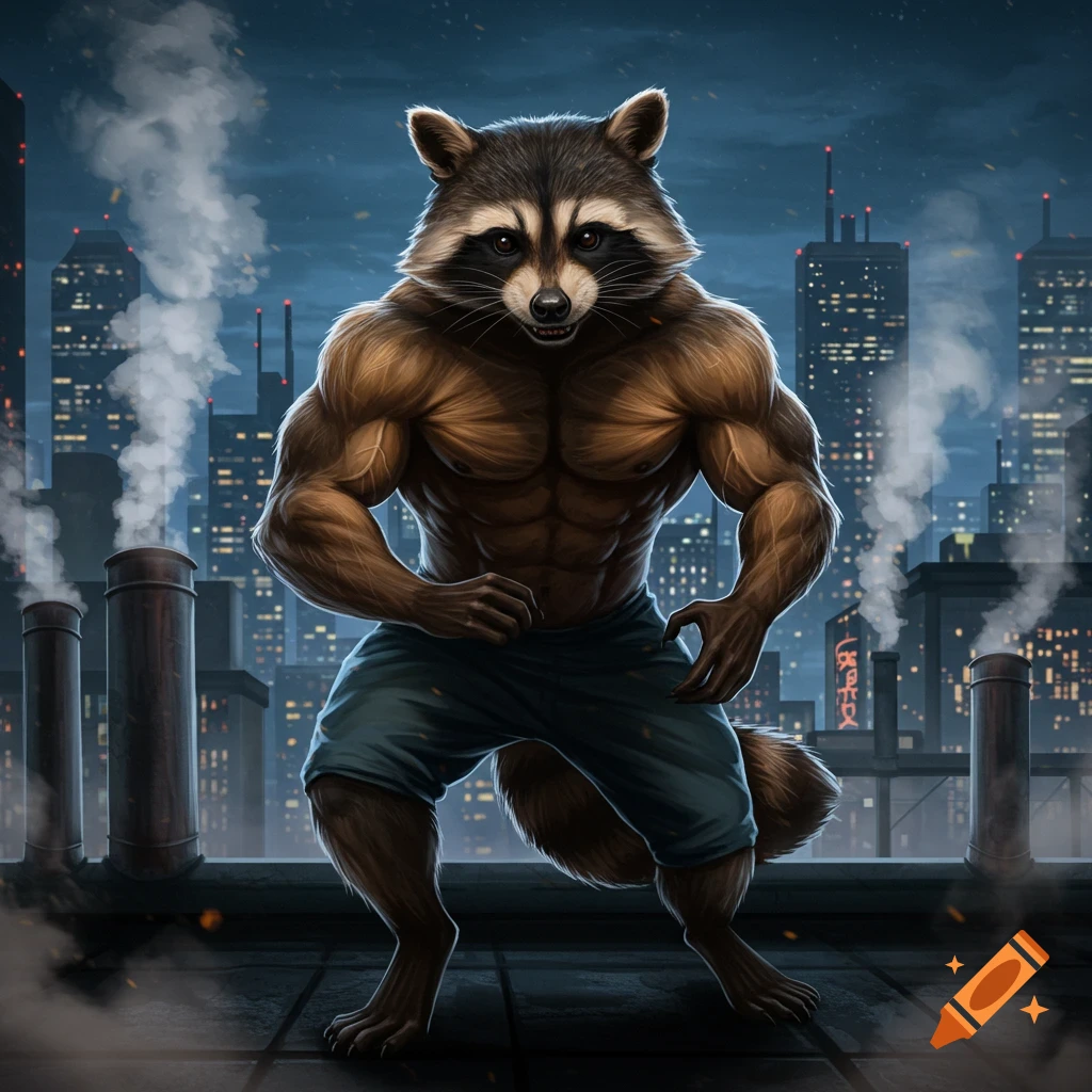 A buff anthropomorphic raccoon in a menacing pose with a sly expression ...