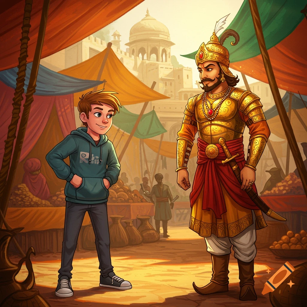 A happy Indian man in traditional attire holds a half-eaten donut in a ...