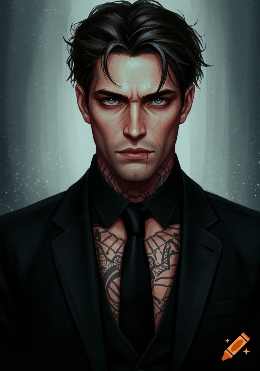 Digital art portrait of a stern man with black hair and blue eyes in a ...