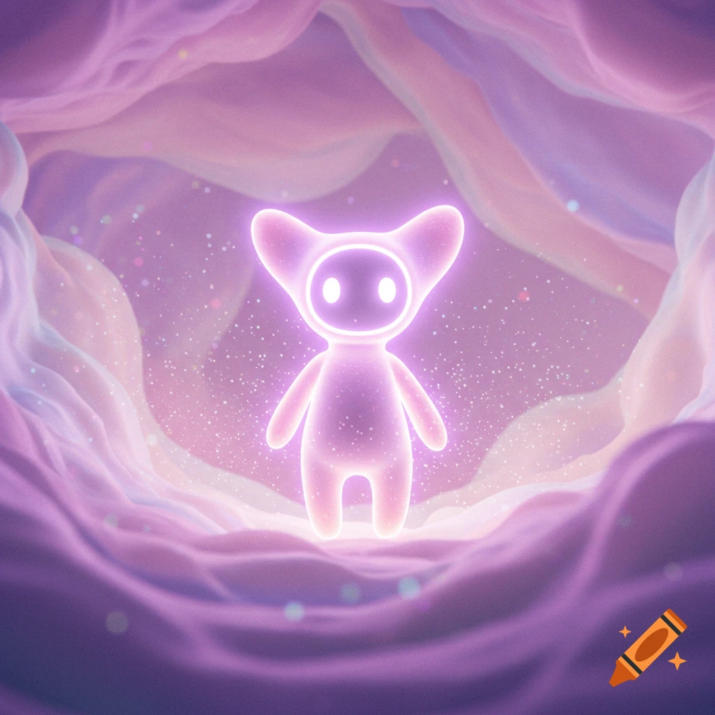 A glowing, pink, cartoon-like creature with large ears and two large ...