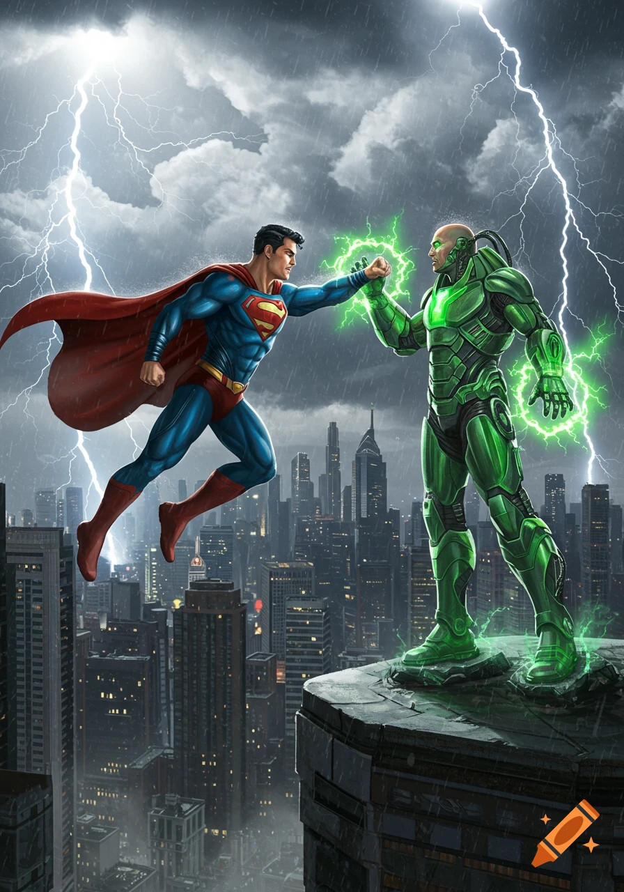 A powerful superhero in a red and white suit floats above a destroyed ...