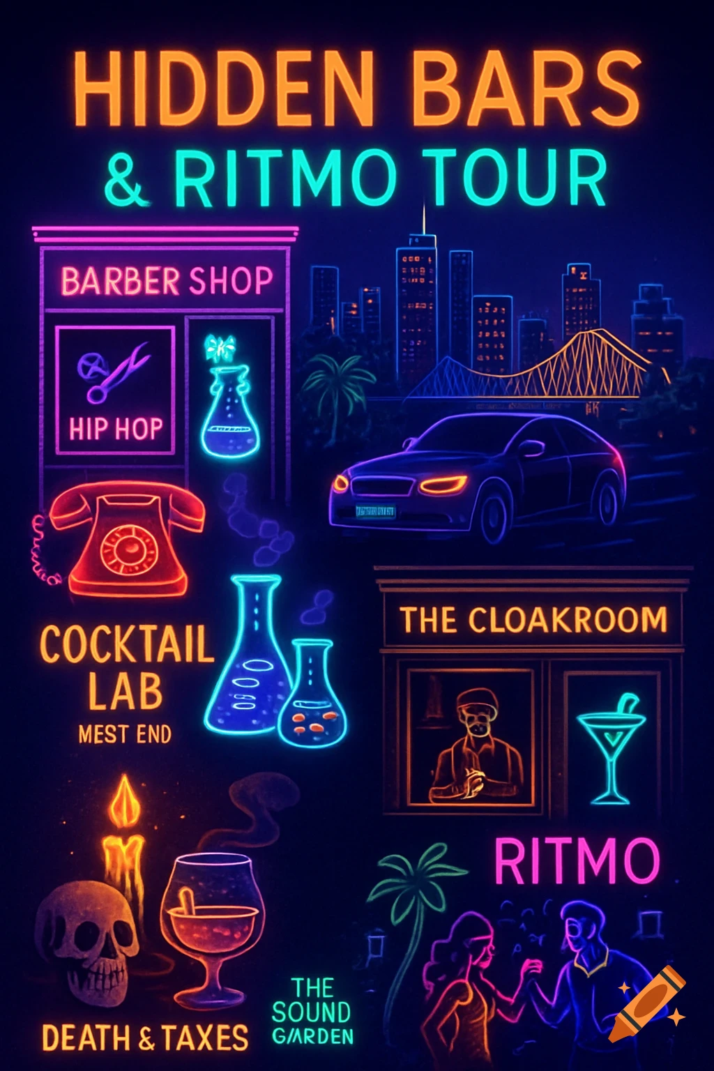 Neon art style poster advertising "Hidden Bars & Ritmo Tour" with ...