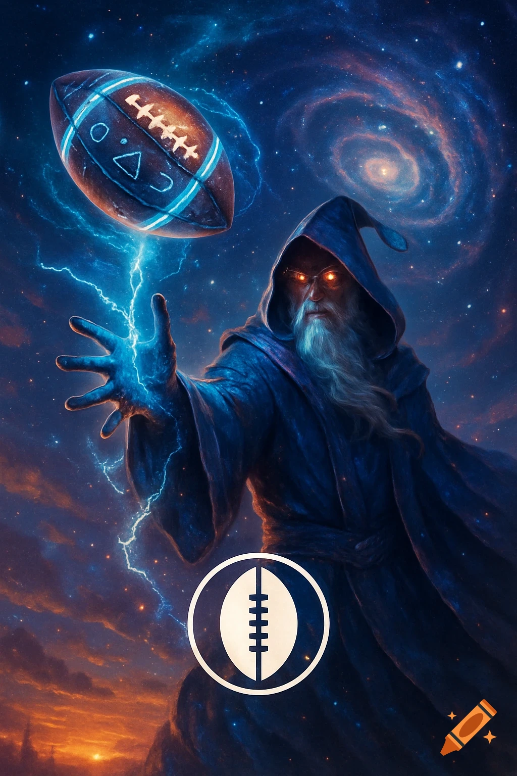 A wizard in blue robes and a pointed hat with glowing eyes uses magic ...