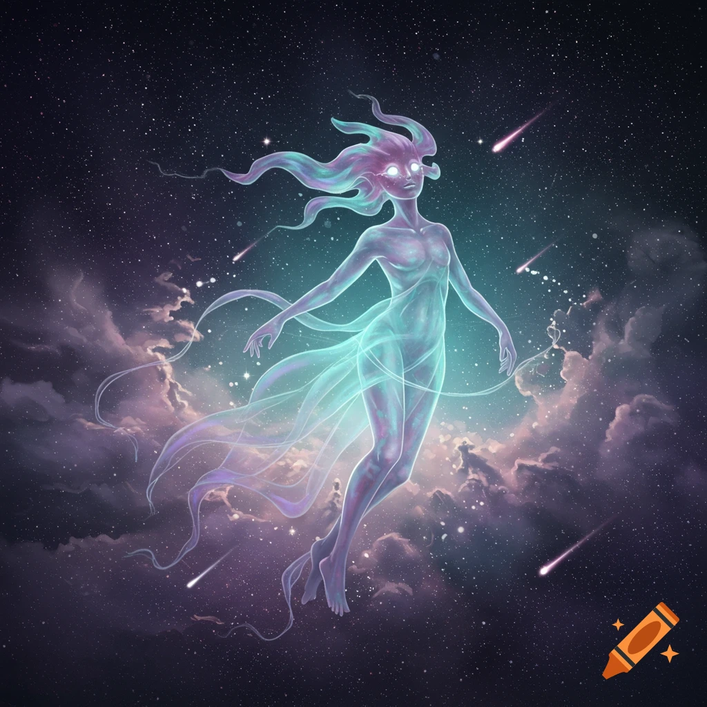 Three ethereal translucent women with flowing scarves float in space ...