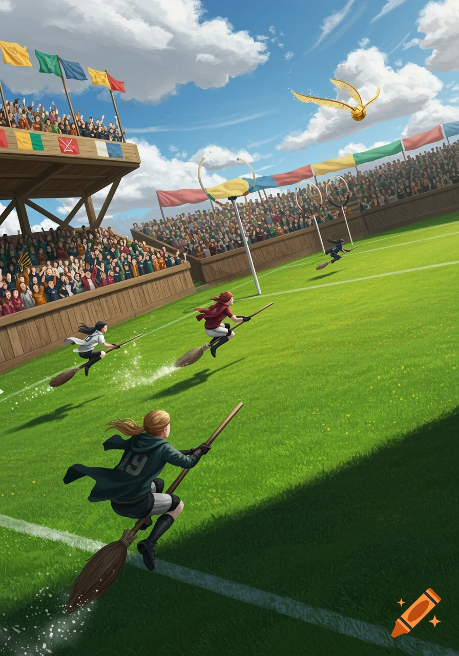 Illustrated fantasy sports scene: players on flying brooms in a stadium ...