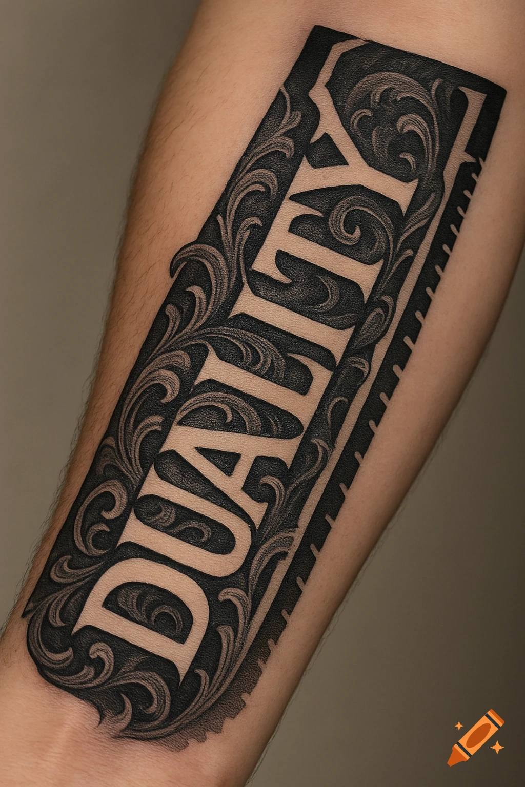 A blackwork tattoo of the word DUALITY with intricate filigree details ...