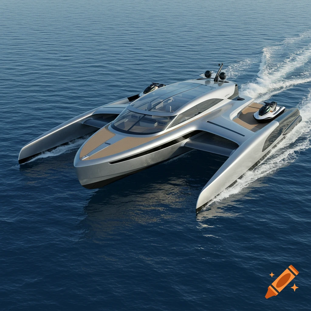 A sleek, futuristic silver trimaran yacht with a glass roof glides ...