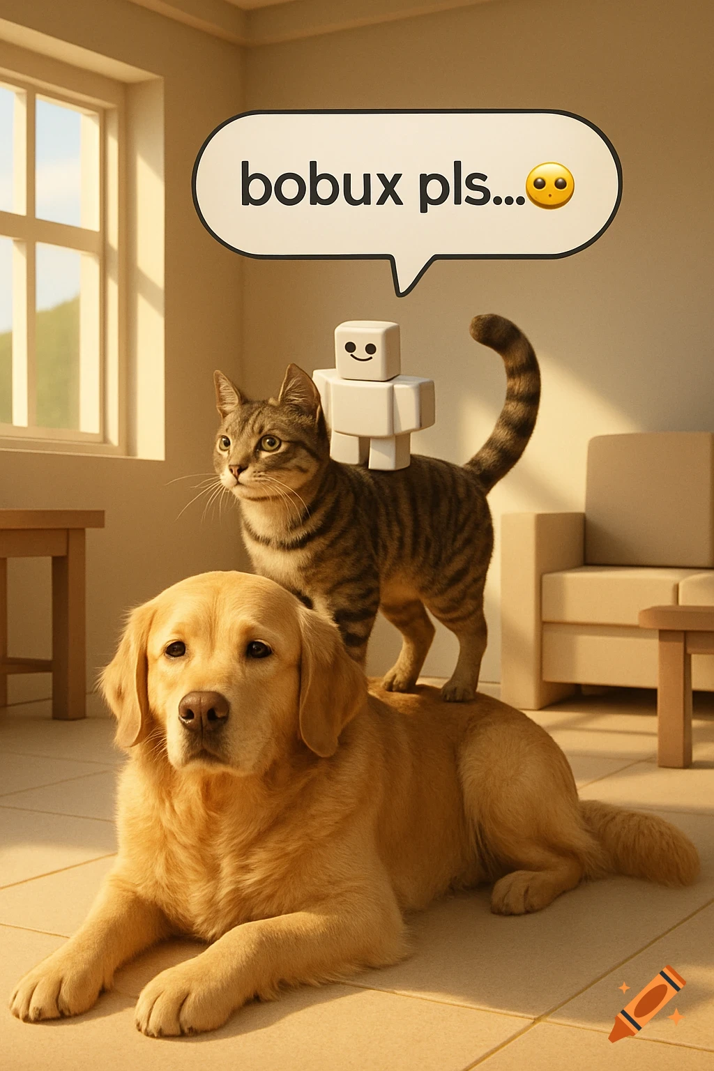 A happy, muddy cartoon pig sits in slop at sunset, holding a wooden ...