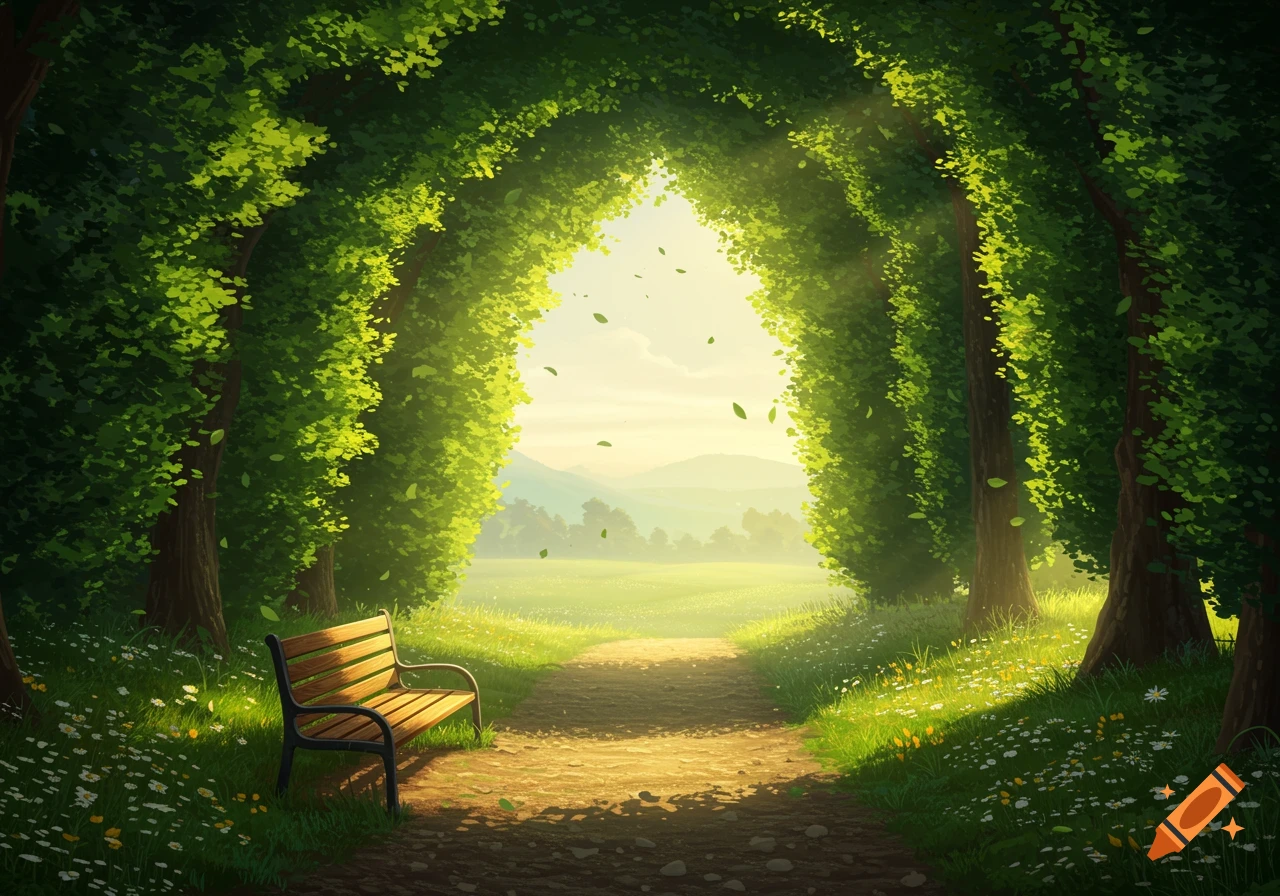 An old, blank parchment banner tied to wooden posts, framed by vibrant ...