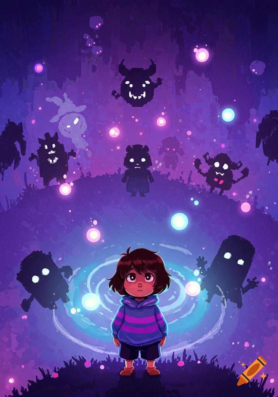 A stylized character stands in a mystical purple cave, surrounded by ...