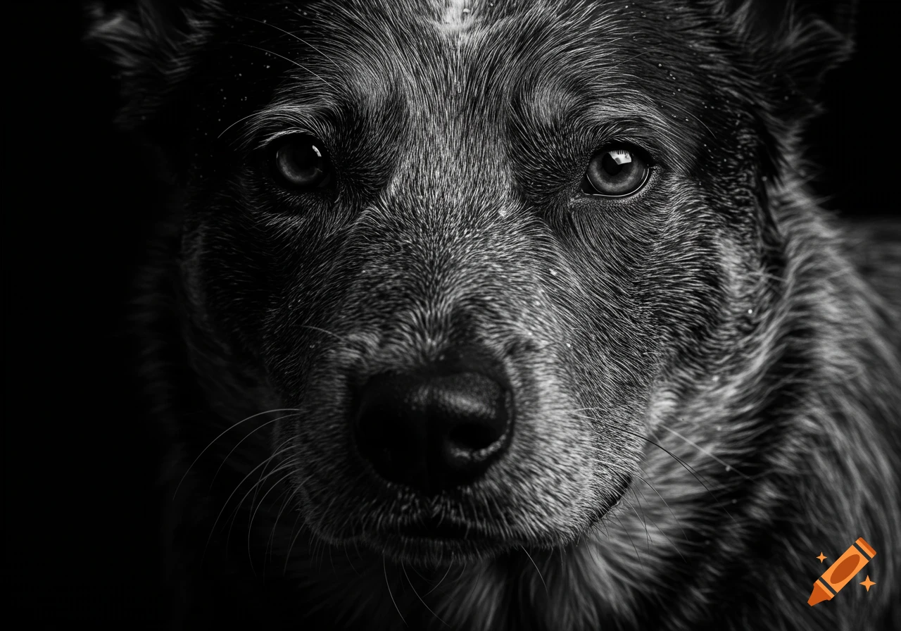 High-contrast black and white close-up portrait of an Australian cattle ...
