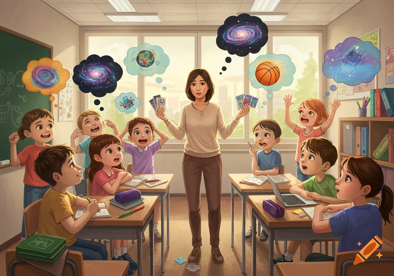 An illustrated scene of a teacher in a classroom surrounded by diverse ...