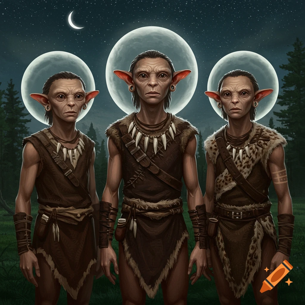 Three humanoid figures with large pointed ears and ear piercings stand ...