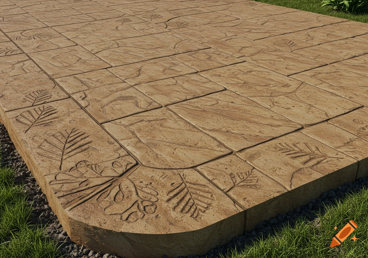 Photorealistic tan stamped concrete patio with deep joints and an edge ...